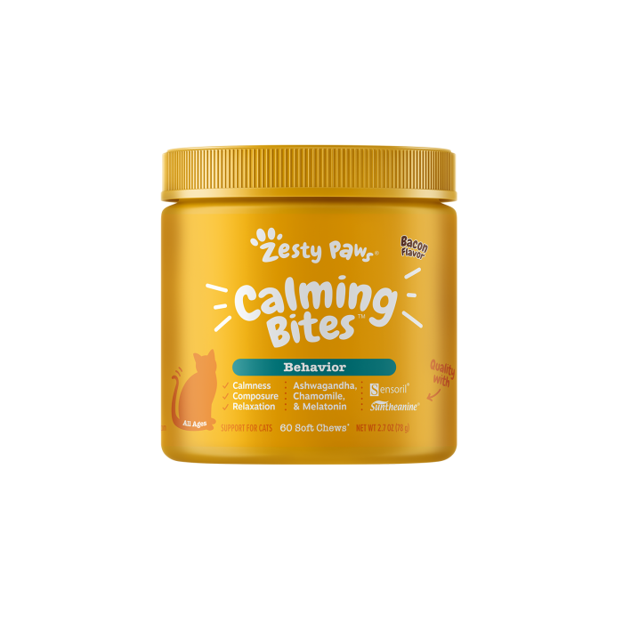 Zesty Paws Calming Bites 舒緩咀嚼軟粒 - 煙肉味(貓用) | 舒緩放鬆 | HappyPaws 開心寶 規格 60 粒